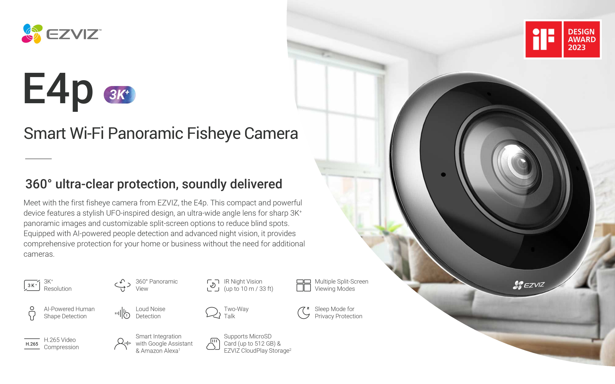 EZVIZ E4P+ 6MP Smart WiFi Panoramic Fisheye Camera NEW